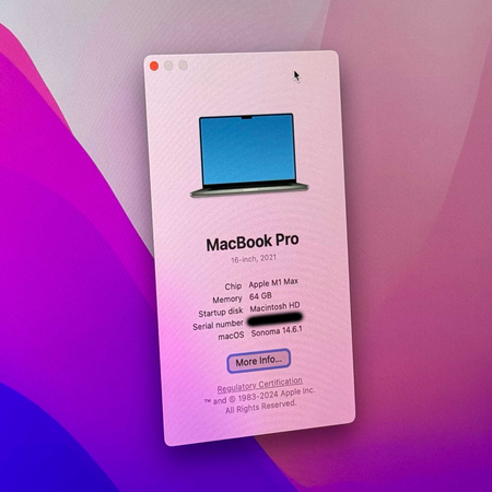 MacBook Pro 16.2, M1 Max, 10-Core, 32-Core GPU, 64GB RAM, 1 TB SSD