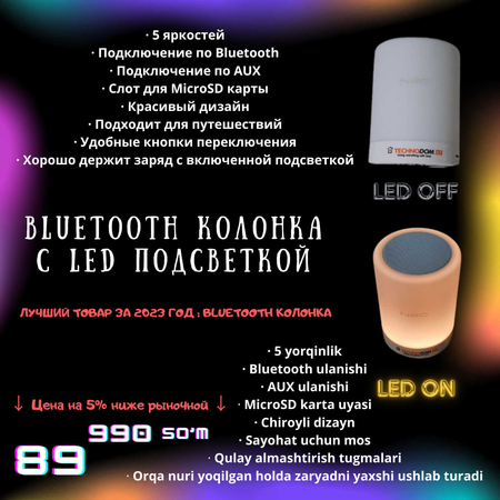 Bluetooth колонка с LED подсветкой, 5 яркостей, microSD, AUX (Б/У)