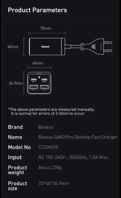 Новое зарядное устройство Baseus 65W gan3 Pro 4 в 1 с кабелем 100W