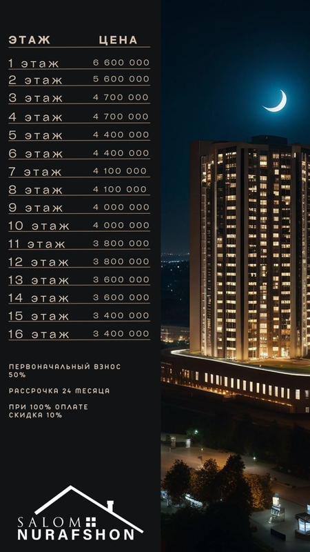 ЖК Салом Нурафшон % сиз болиб толашга берилади 1 хона 45 м² шошилинг