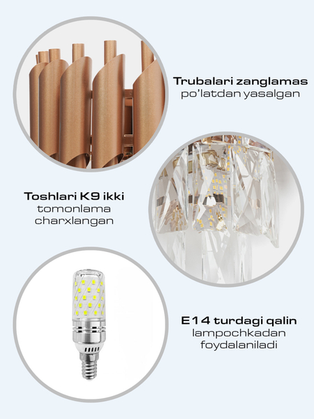 Qandil: kristal toshli devor chirog’i, bra, 2 ta rang, 20*30sm lyustra
