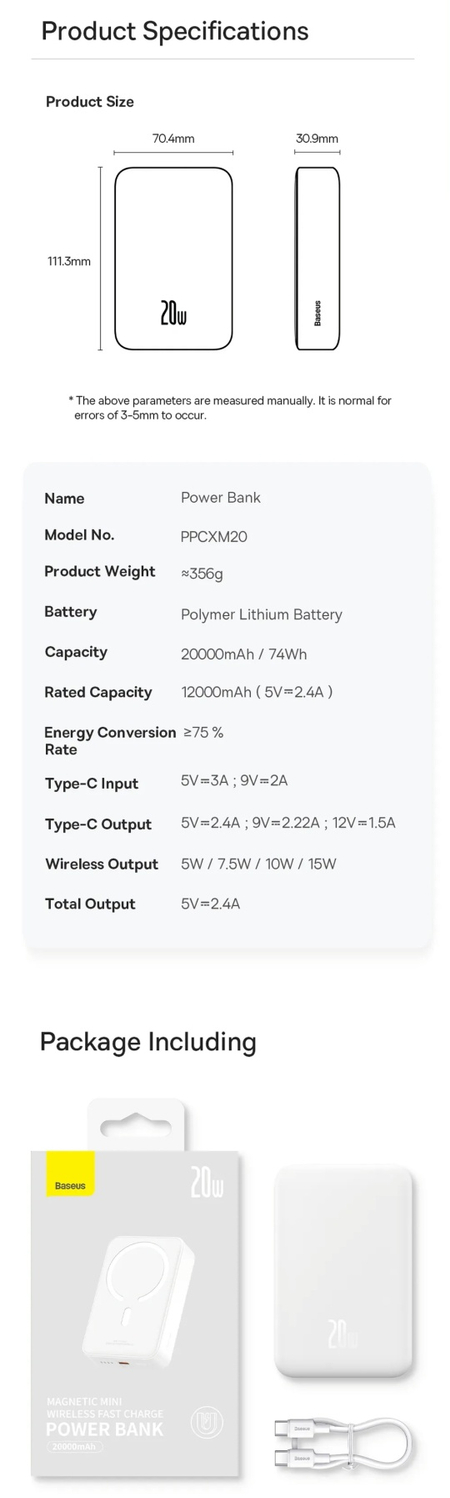 Baseus Magnetic Wireless 20W Power Bank 20000mAh For iPhone 12/13 & 14