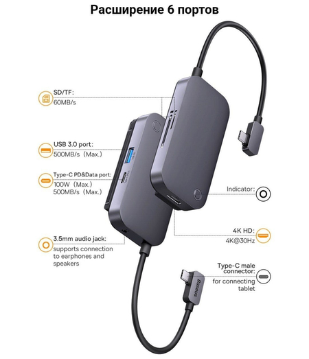 Baseus Hub Концентратор 6тв 1 с поддержкой быстрой зарядки 100W