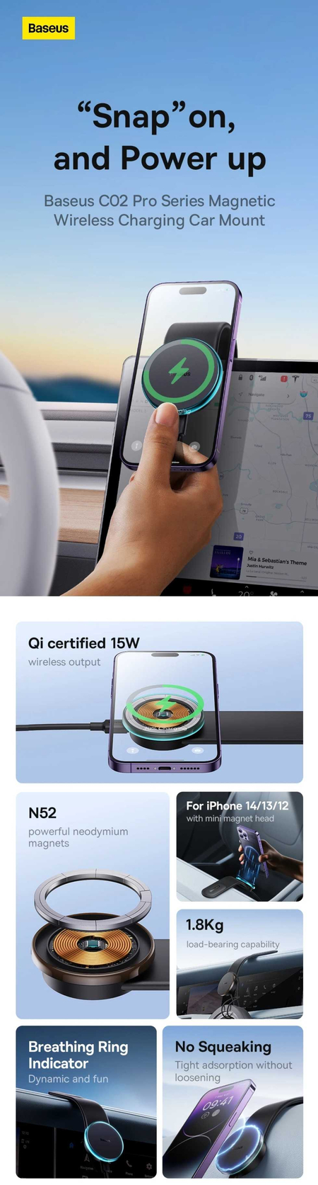 Baseus C02 Pro Магнитный Авто Держатель MagSafe 15W For iPhone 15