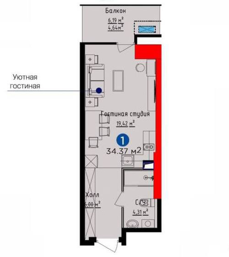 Продается квартира 1/19/26 34м2 в ЖК «NRG U-Tower»