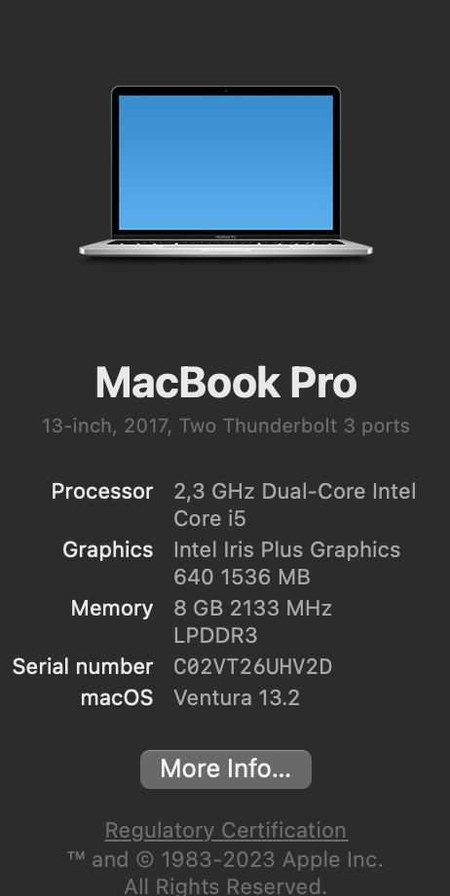 macbook pro 13 inch core i5 8GB 256SSD