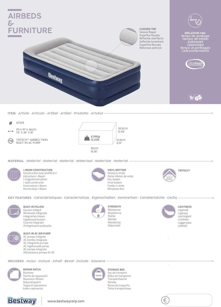 Надувной матрас 191 x 97 x 46 см Bestway 67628 Бесплатная Доставка