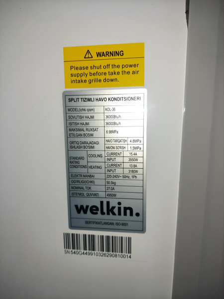 Срочно продаётся кондиционер welkin 36
