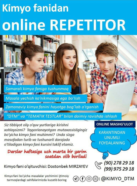 Kimyo fanidan Repetitor (online va offline)/Репетитор по химии онлайн