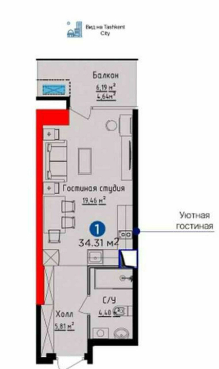 Ташкент Сити Nest One 1/14/51 Вид на Парк 34м2