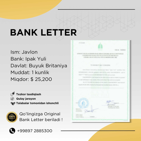 Chet elda o'qish uchun bir kunlik Bank letter xizmati