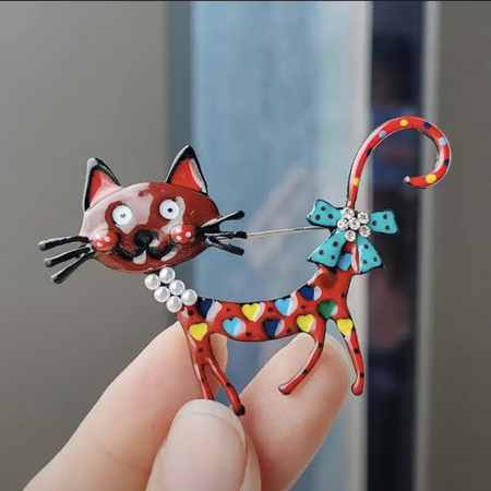 брошь кошка, брошка, Синяя и красная
