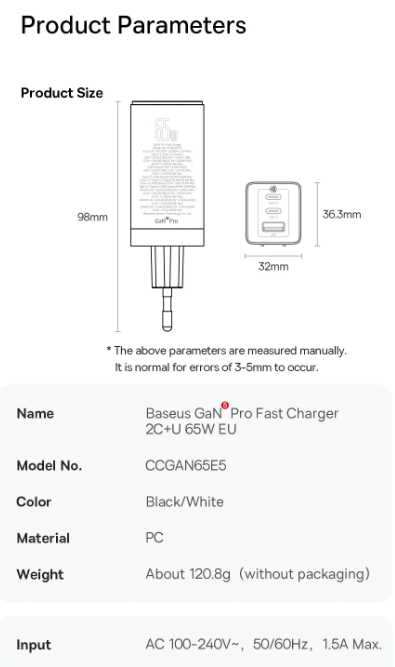 Новая запечатанная зарядка Baseus 65W gan5 Pro 3 в 1 с кабелем 100W