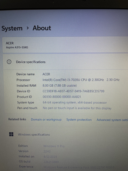 ACER aspire Core i3-7020U
