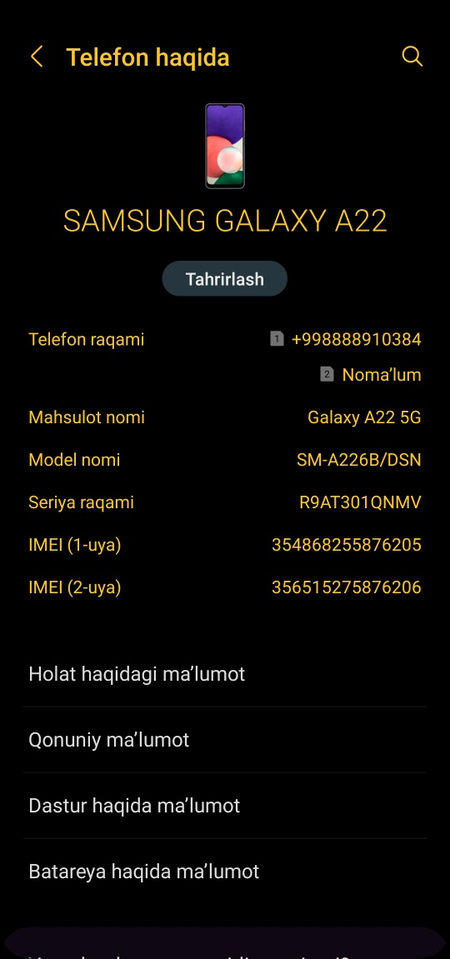Samsung A22 5g telga kafolat beraman