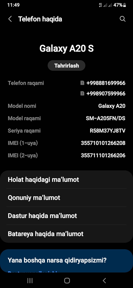 Samsung  A 20  3 32.gb holati zur kamera atp face id bittada ochadi