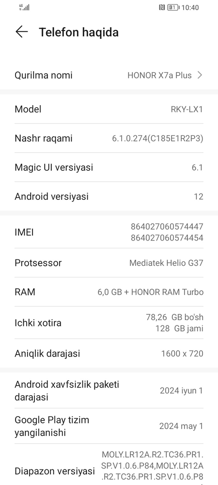 Honor X7a puls 128 tali