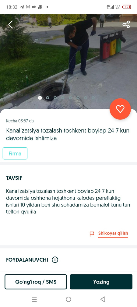 Kanalizatsa tozalash xizmati 24/7 kun