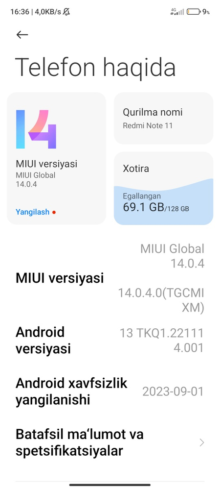 Redmi not 11 holati idial