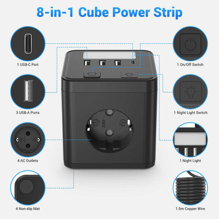 Сетевой фильтр 4 розеток USB 3 штук type-c + светильник удлинитель