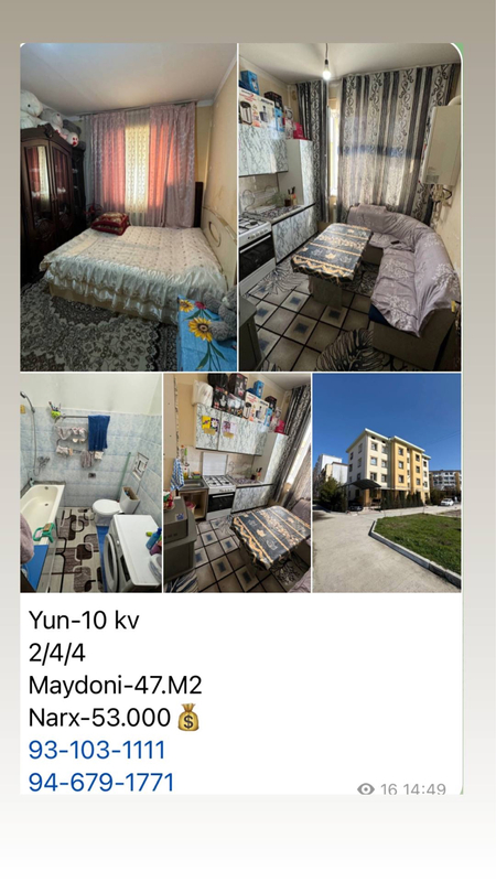 Yun-10 kv‼️2/4/4 maydoni-47.M2‼️52.800y.e‼️yo’li yuzi