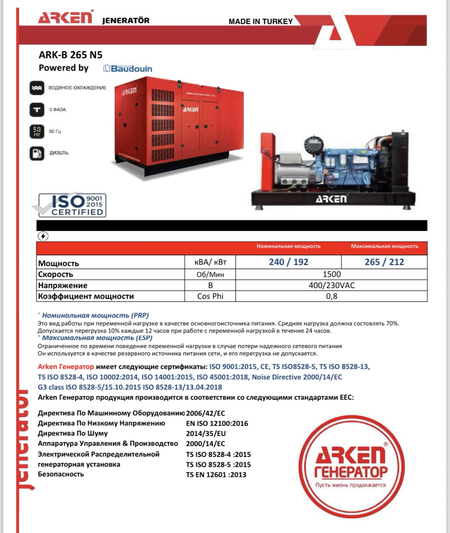 Генератор ARKEN 265KVA (212кВт)