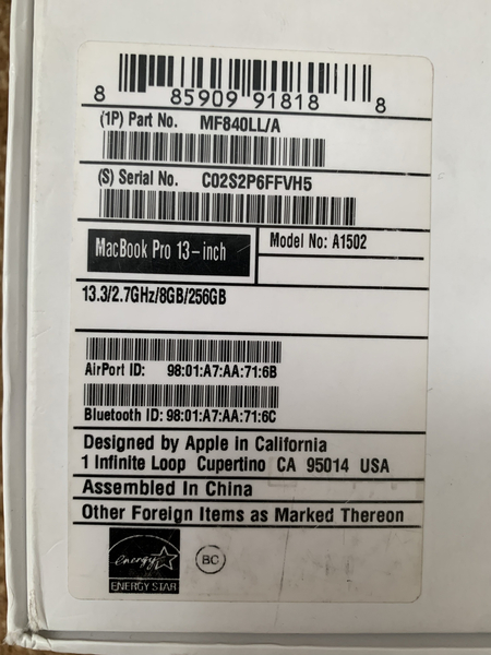 Macbook 13 256/8 2015