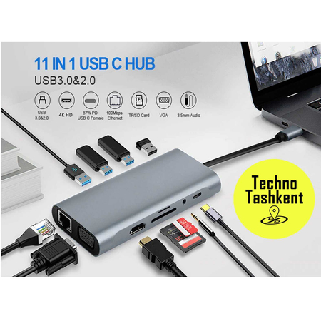 Type-C Hub 11 in 1 (Hdmi/Lan/Usb/VGA/Audio) (Garantiya) (Dostavka Bor)