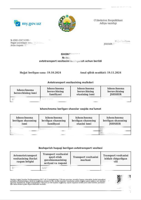Onlayn ishonchnoma (доверенность) va sug\\\'urta (страховка)qilib beraman