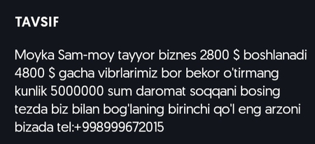 Tayyor biznes Sam moy moyka