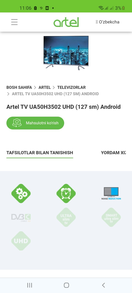 AKSIYA! ARTEL UA50H3502 4K Ultra HD Golosovoy Dubl  pultli 3 yil gar