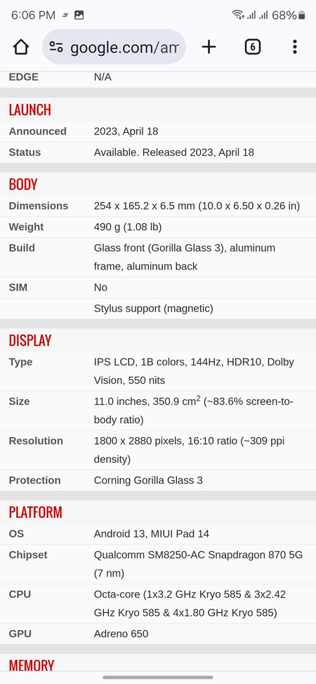 Xiaomi Pad 6, 8/128gb, 1800x2880, 120hz, Snapdragon 870