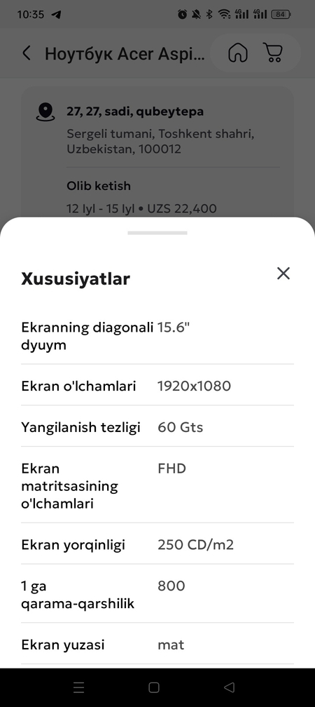Acer noutbook holati yangi