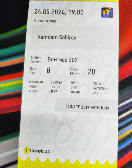 Hamdam Sobirov konsertiga bilet, joy zo'r