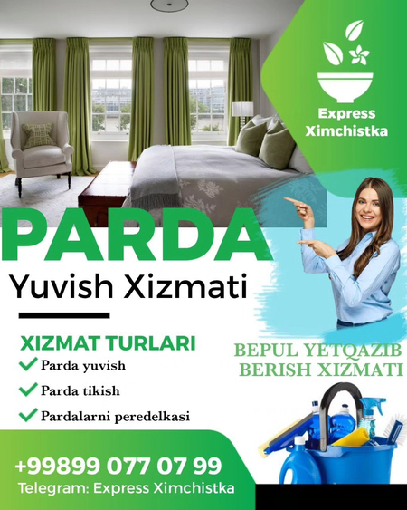 Parda yuvish, Parda tikish, Adyol yuvish, Gilam yuvish