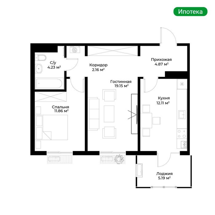 2-к квартира Assalom Jomiy. Ипотека 15%