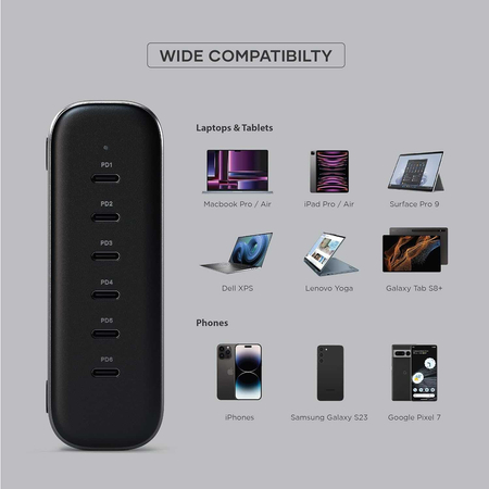 Satechi 6-портовое зарядное устройство GaN USB-C мощностью 200 Вт