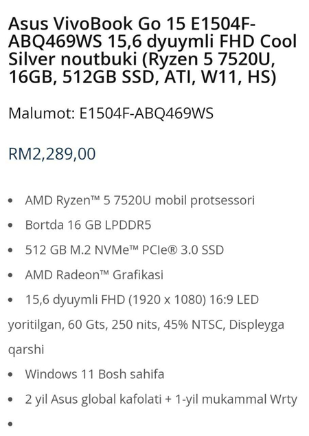 ASUS E1504F AMD 5 7520 protsessor 16 GB  LPDDR 5   NEW YANGI