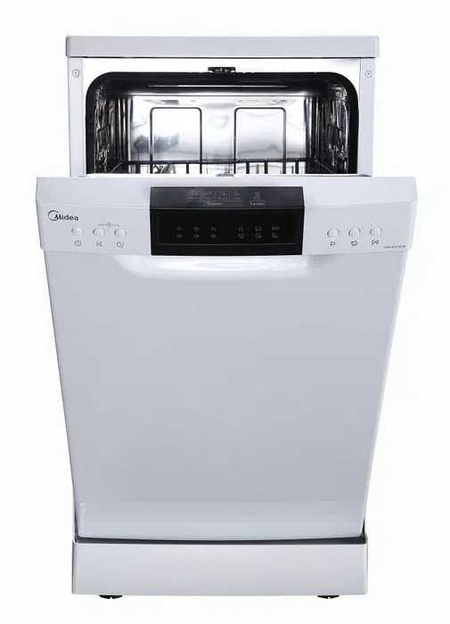 Midea MFD45S100W в упаковке с гарантией на 10 комплектов посуды.