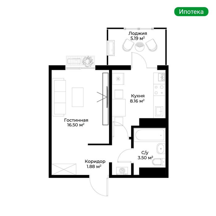 1-к квартира Assalom Jomiy. Ипотека 15%