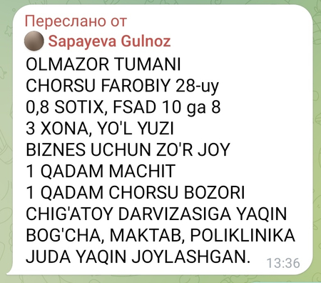 Biznes uchun yoki yashashga joy sotiladi.