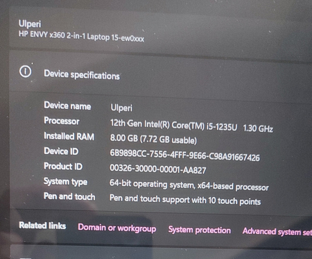 HP Core i5-1235U 12th Gen.
Ram-8GB.
Диагональ экрана-14