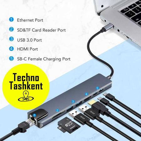 Type-C хаб на 8 портов: HDMI, USB 3.0x2, Type C x2, Ethernet, SD/TF
