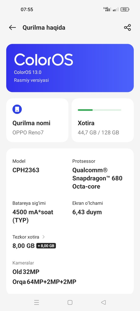 Oppo reno 7 8+8/128