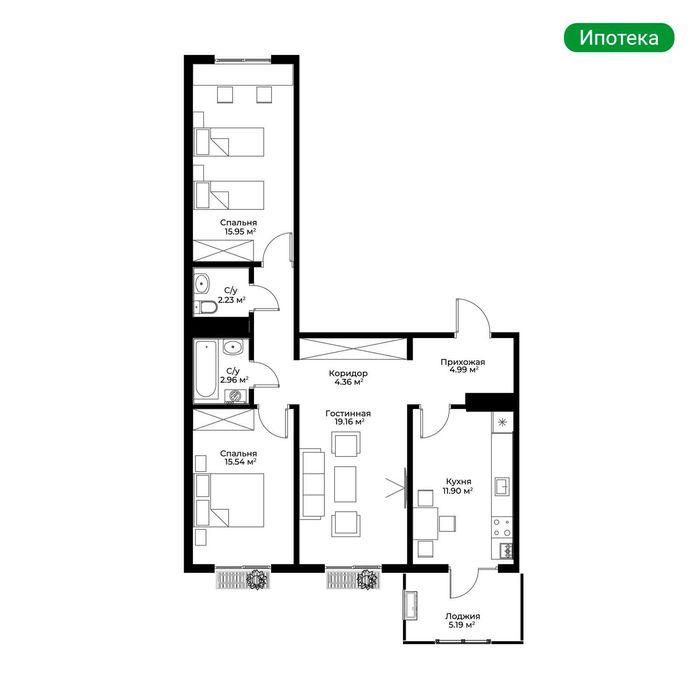 3-к квартира Assalom Jomiy. Ипотека 15%