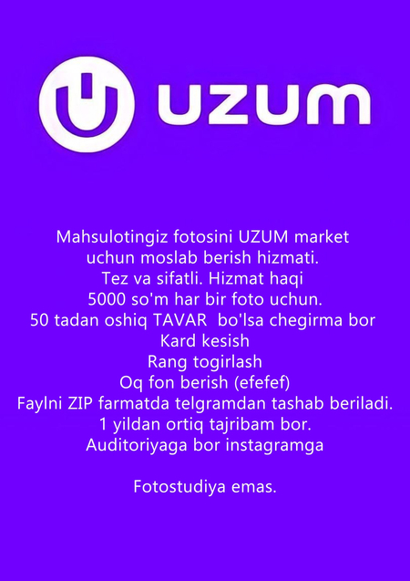 Uzum market uchun Maqsulotlarni suratga olish xizmati