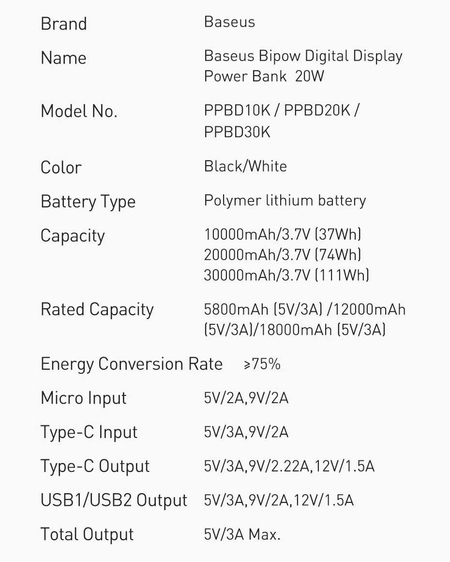 Baseus 20W Power Bank 20000mAh For iPhone 12 Bipow Digital Display
