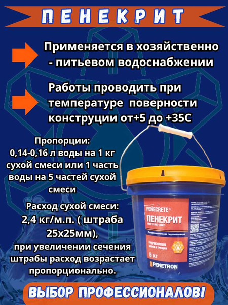 Пенекрит Гидроизоляция для трещин швов стыков вводов коммуникации 5 кг