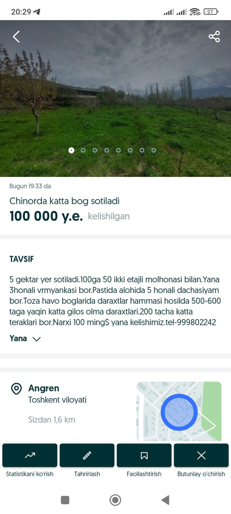 Chinorda 5 gektar yer maydoni sotiladi