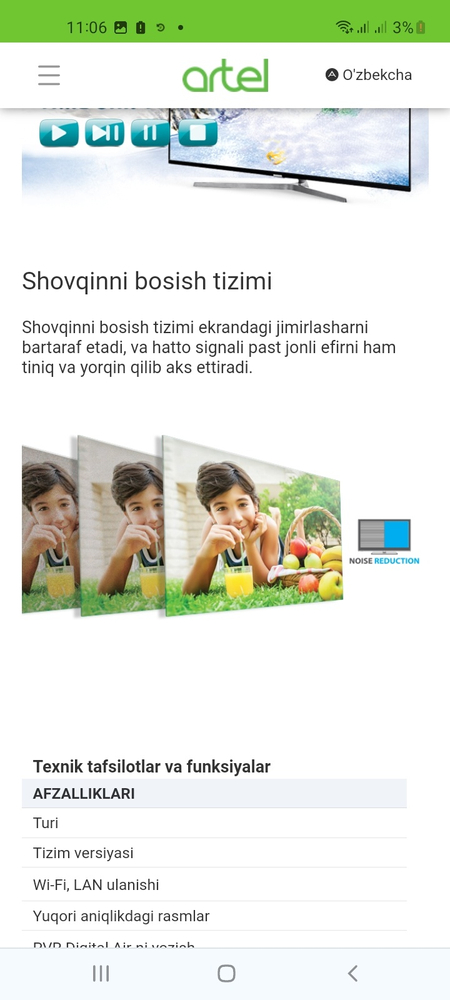 AKSIYA! ARTEL UA50H3502 4K Ultra HD Golosovoy Dubl  pultli 3 yil gar